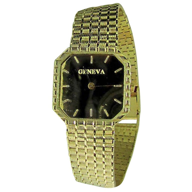 14 Karat Gold Men's Geneva Watch Mirror Gold Dial Excellent Vintage For ...
