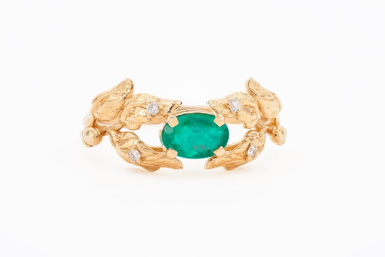 14 Karat Gold Olive Tree Ring with Emerald and Diamonds For Sale at 1stDibs