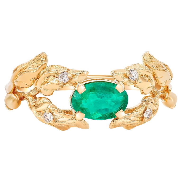 Customizable 14 Karat Gold Olive Tree Ring with Emerald and Diamonds ...