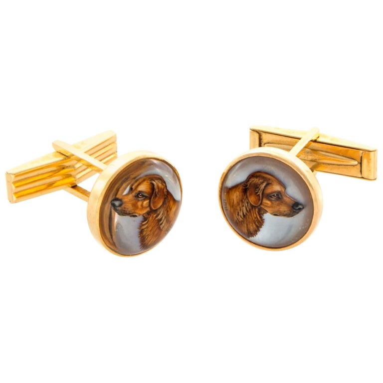 14 Karat Gold Reverse Crystal Intaglio Dog Cufflinks For Sale at 1stDibs