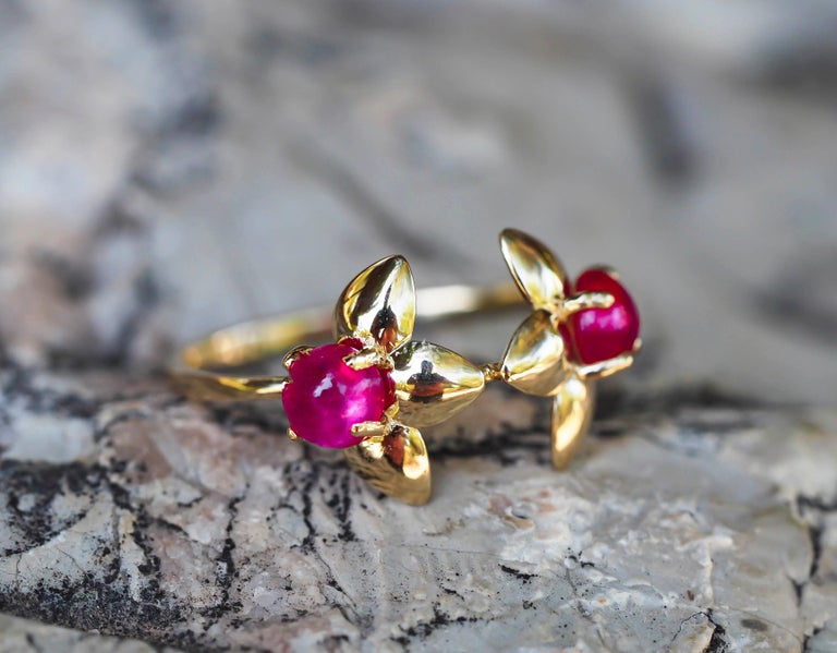 14 Karat Gold Ring with 2 Rubies, Flower Gold Ring, July Birthstone ...
