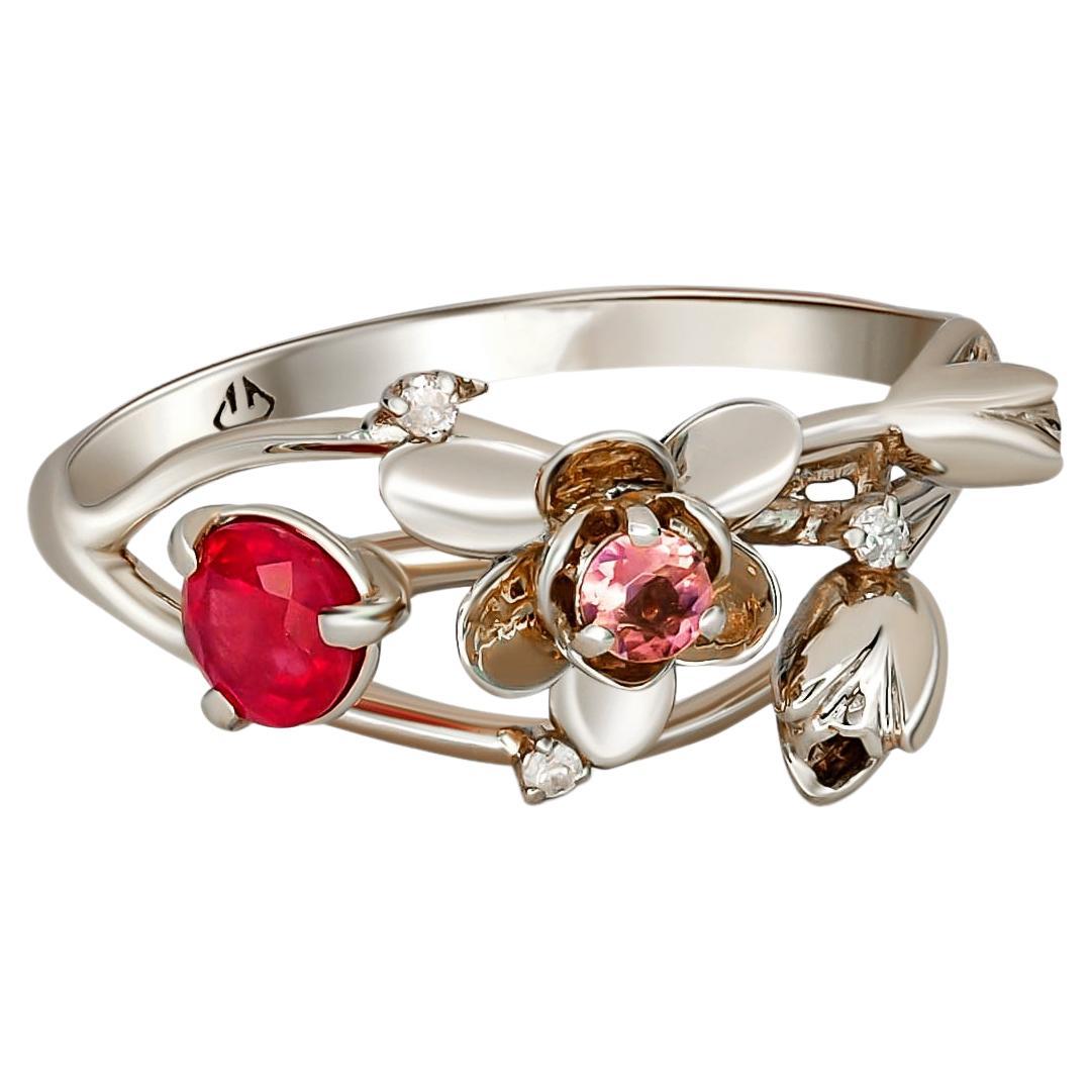 Customizable 14 Karat Gold Ring with Ruby and Diamonds. Flower design ...