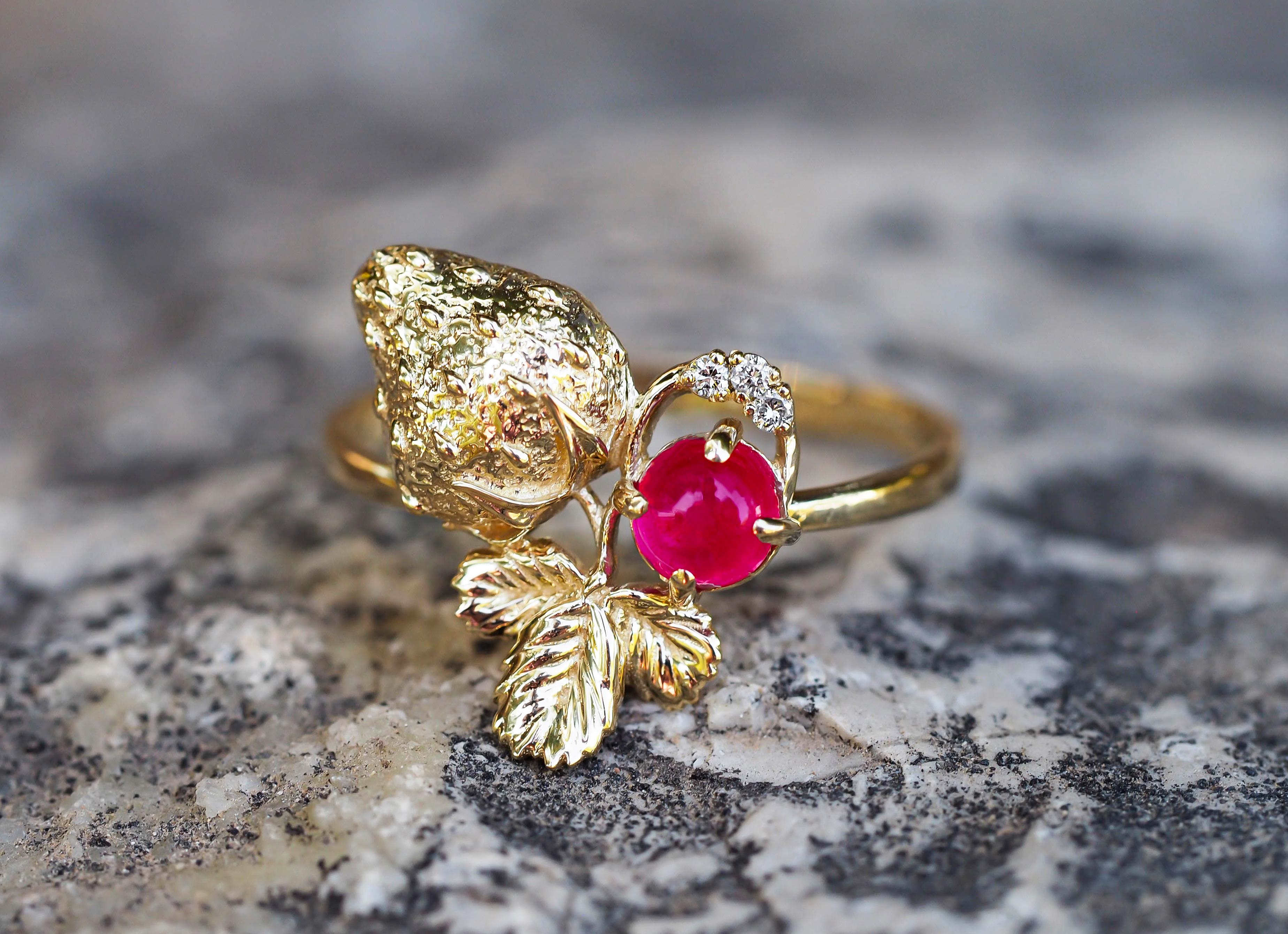 14 Karat Gold Ring with Ruby and Diamonds, Strawberry Ring, July ...