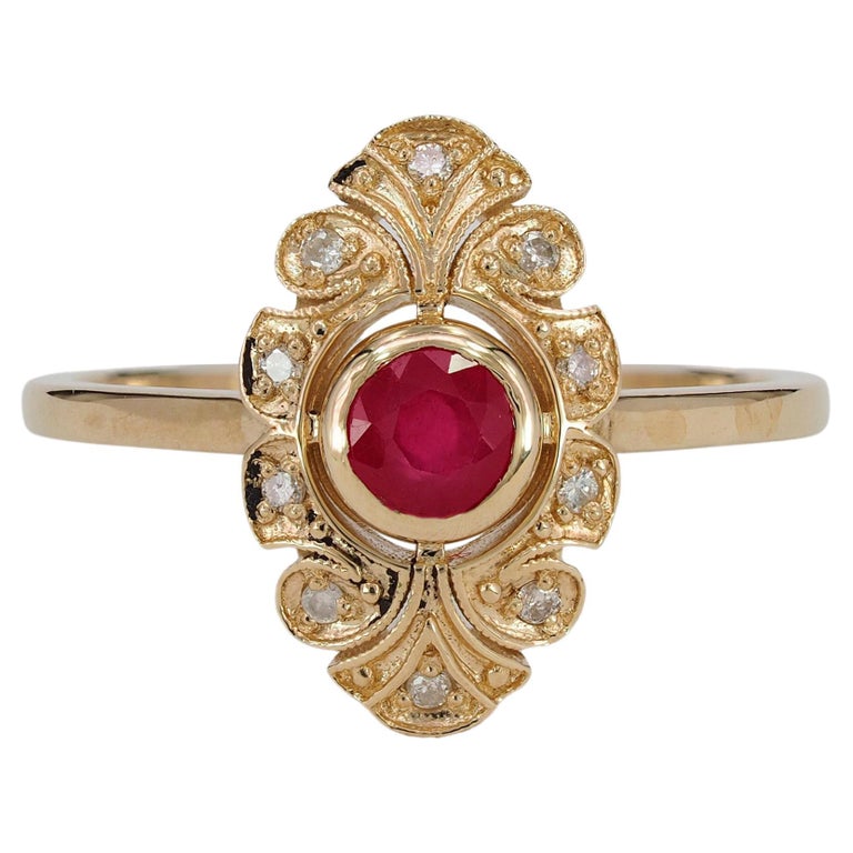 14 Karat Gold Ring with Ruby and Diamonds, Vintage Inspired Ring For ...