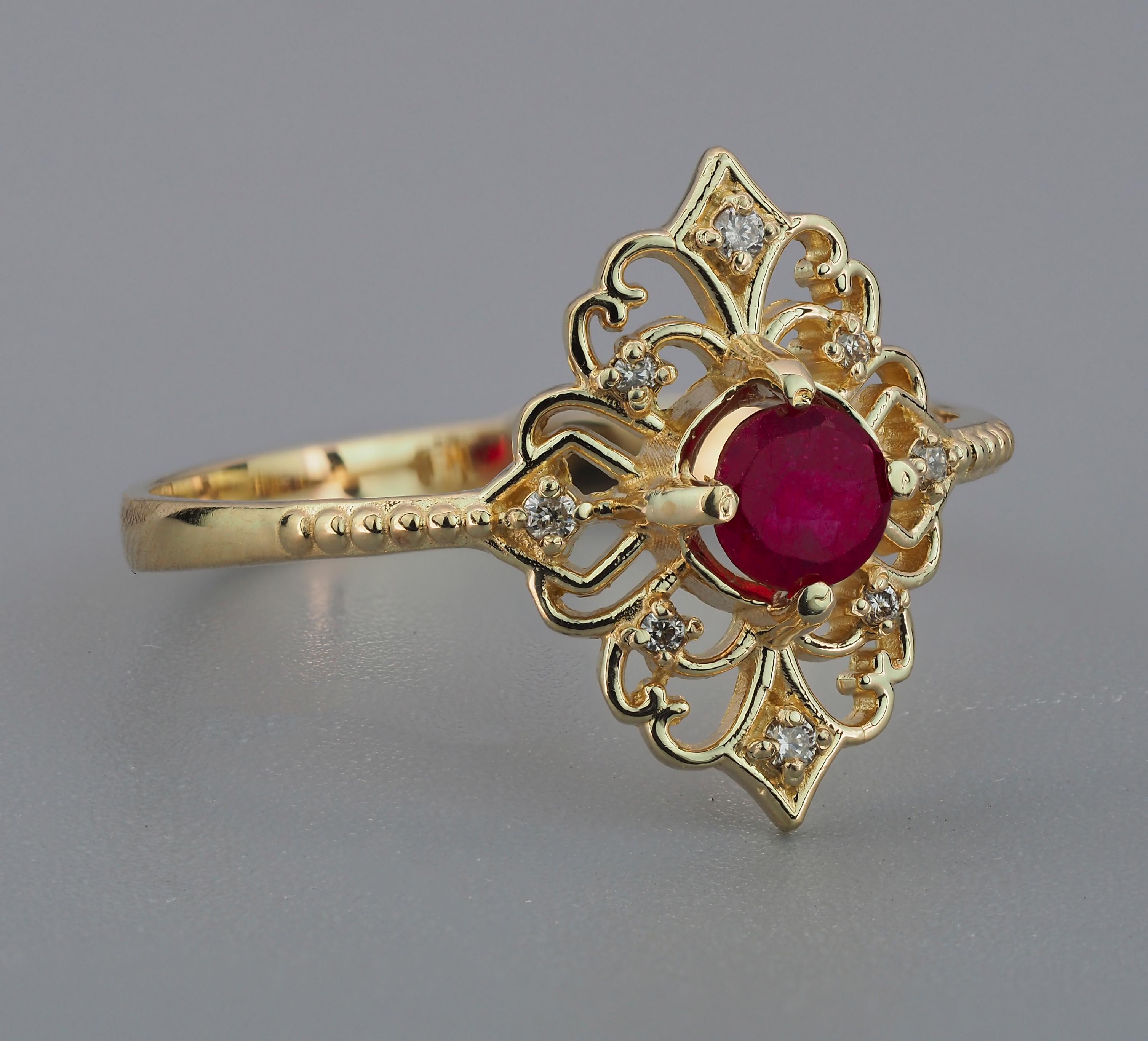 14 Karat Gold Ring with Ruby and Diamonds, Vintage Style Ruby Ring For ...