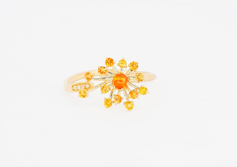 14 Karat Gold Ring with Yellow Sapphires, Dandelion Flower Desing Ring ...