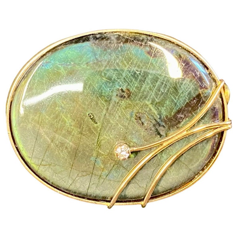 14 Karat Gold Spectrolite and Diamond Broch Made in Finland Kaunis Koru ...