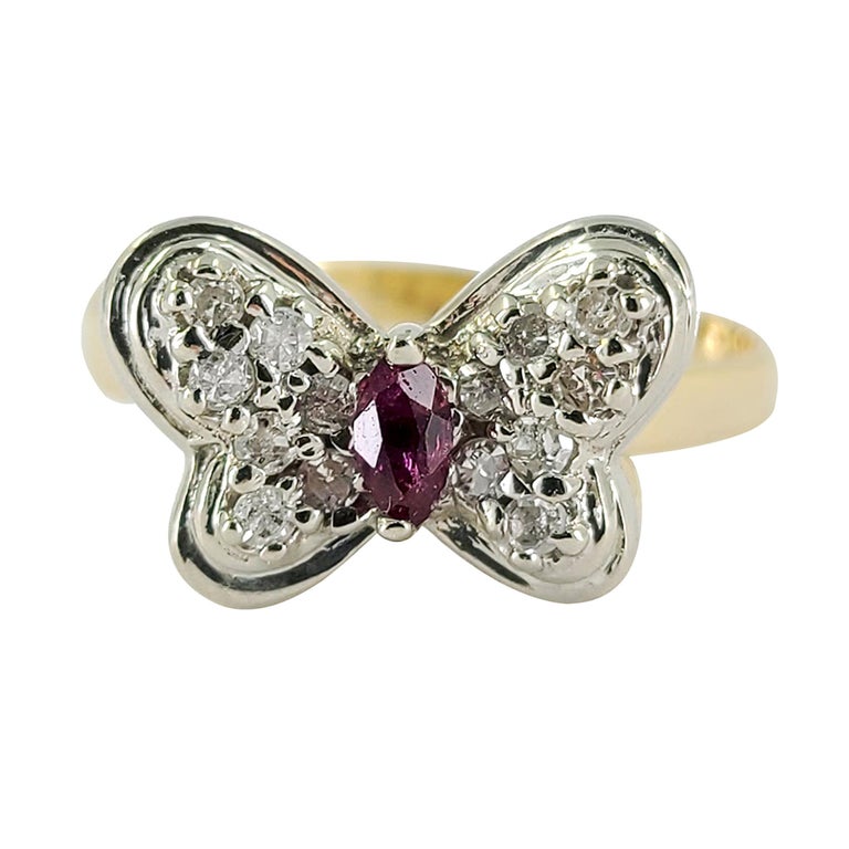 14 Karat Gold Two-Tone Butterfly Ring with Ruby and Diamonds at 1stDibs