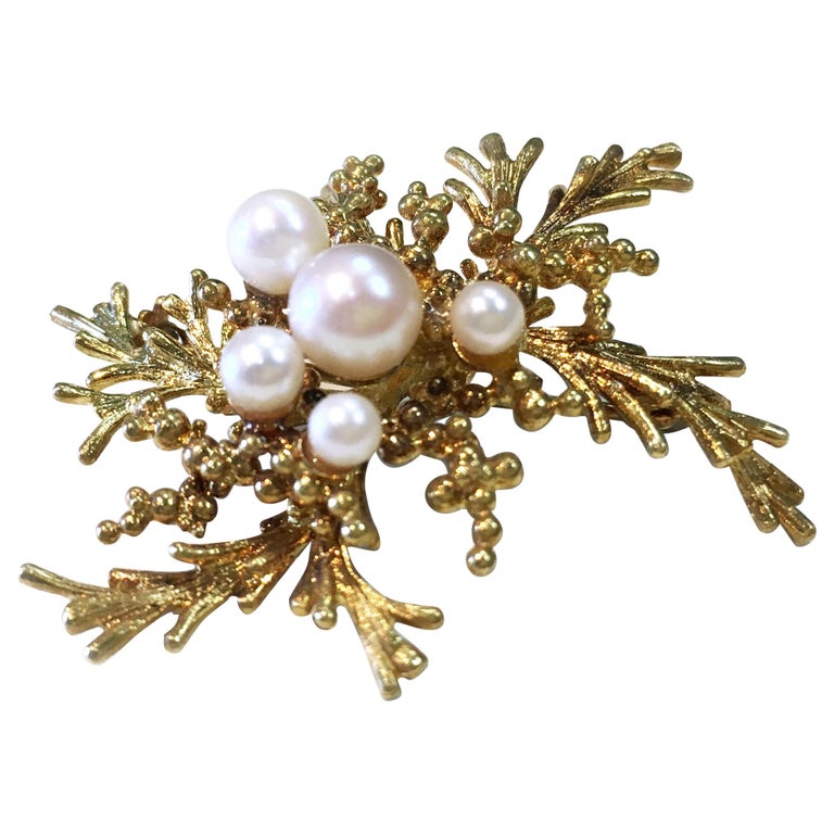 14 Karat Pearl Branches Brooch For Sale at 1stDibs