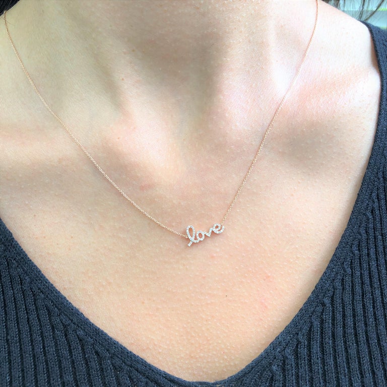 14 Karat Rose Gold 0.11 Carat Diamond Script Love Necklace For Sale at ...