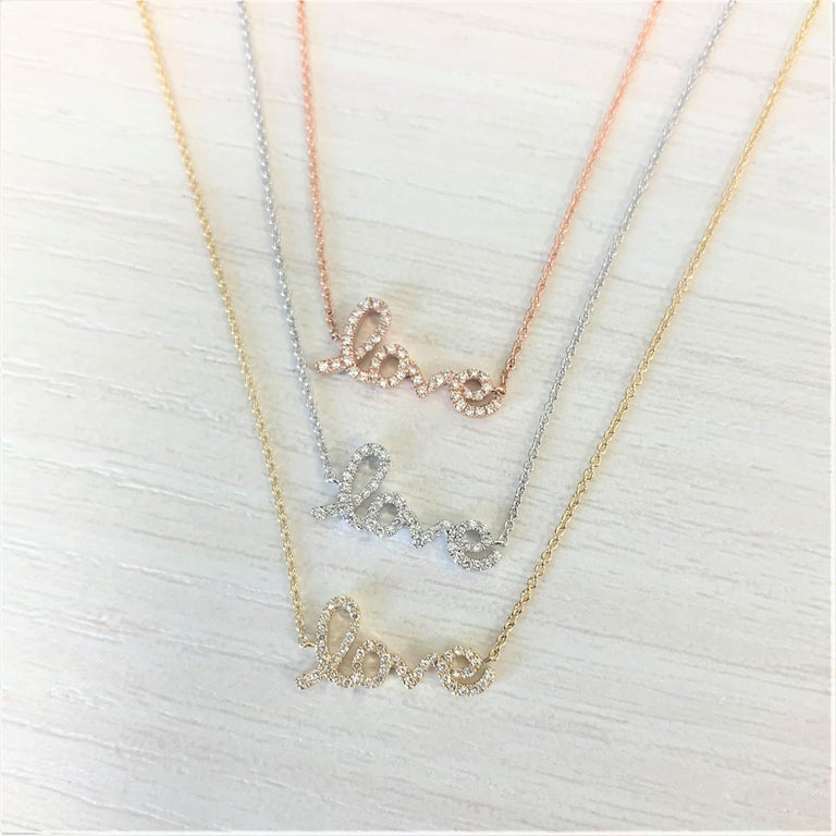 14 Karat Rose Gold 0.11 Carat Diamond Script Love Necklace For Sale at ...