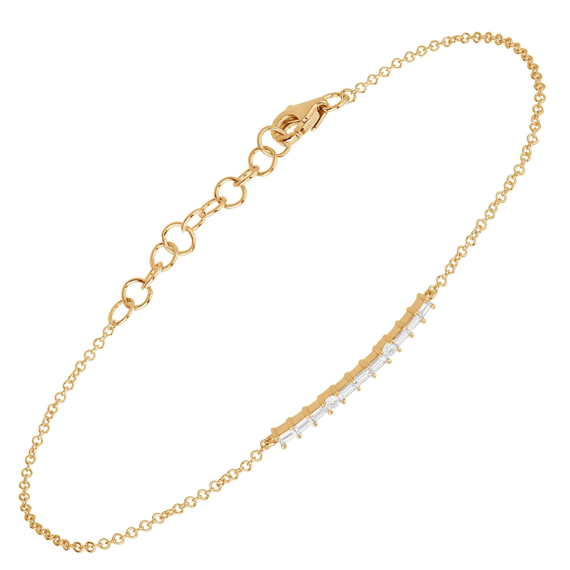 14 Karat Yellow Gold 0.129 Carat Round Diamond Bar Chain Bracelet For ...