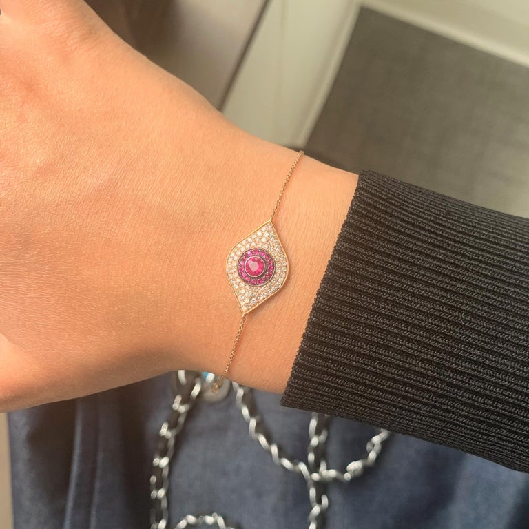 14 Karat Rose Gold 0.37 Carat Diamond and Ruby Evil Eye Bracelet For ...