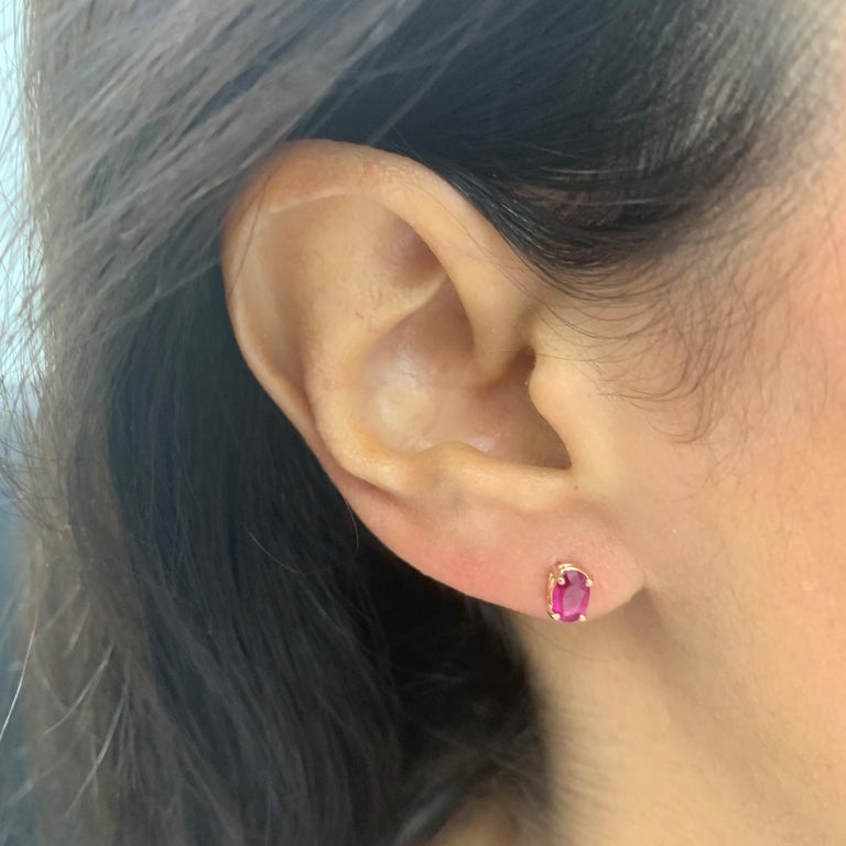 14 Karat Rose Gold 1.11 Carat Red Ruby Oval Shape Stud Earrings For ...