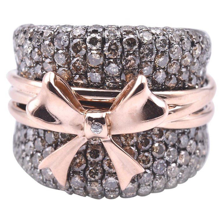 14 Karat Rose Gold and White Gold Levian Diamond Bow Ring at 1stDibs