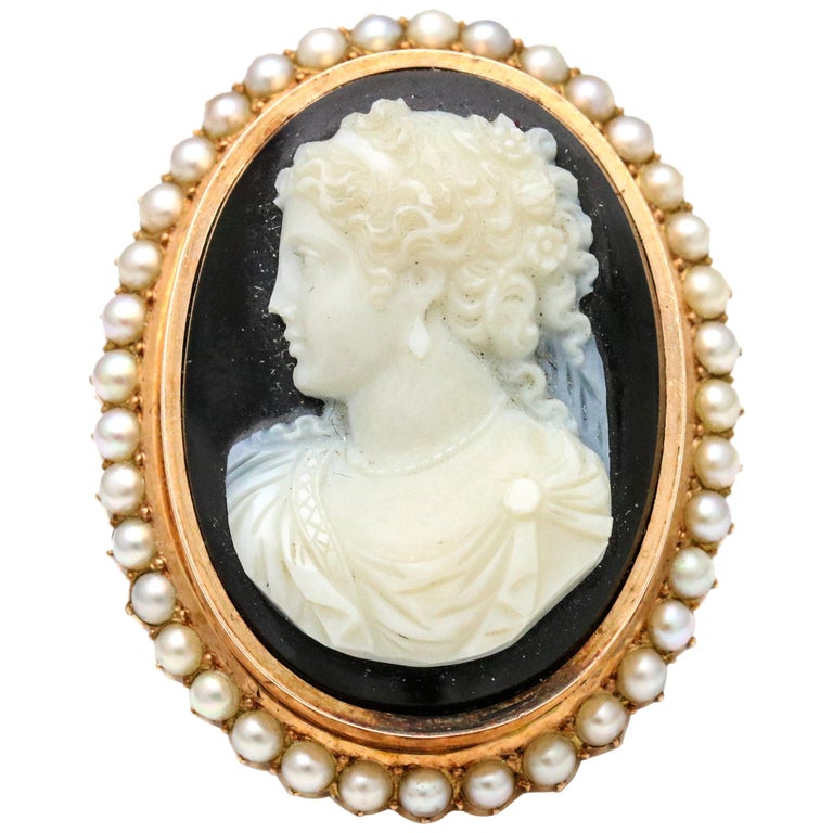 14 Karat Rose Gold Antique Hard Stone Cameo Brooch with Pearls For Sale ...