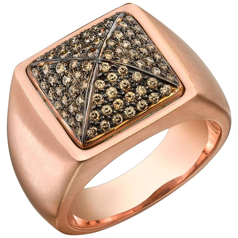 14 Karat Rose Gold, Pave Brown Diamond Pyramid Ring For Sale at 1stDibs