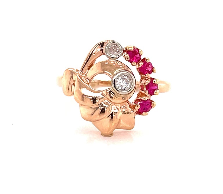 14 Karat Rose Gold Ruby Diamond Floral Inspired Ring For Sale at 1stDibs