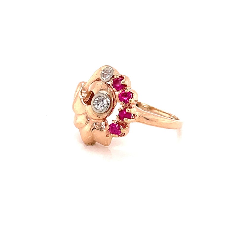 14 Karat Rose Gold Ruby Diamond Floral Inspired Ring For Sale at 1stDibs