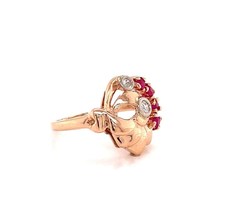 14 Karat Rose Gold Ruby Diamond Floral Inspired Ring For Sale at 1stDibs