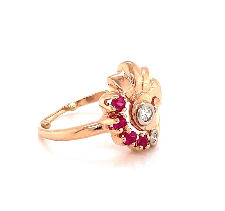 14 Karat Rose Gold Ruby Diamond Floral Inspired Ring For Sale at 1stDibs