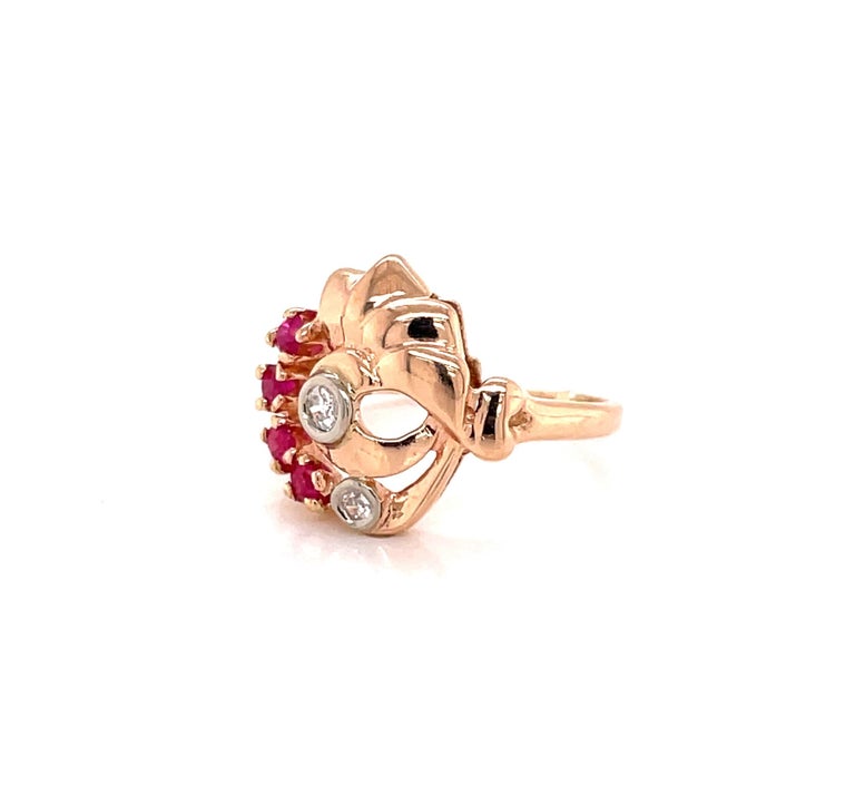 14 Karat Rose Gold Ruby Diamond Floral Inspired Ring For Sale at 1stDibs