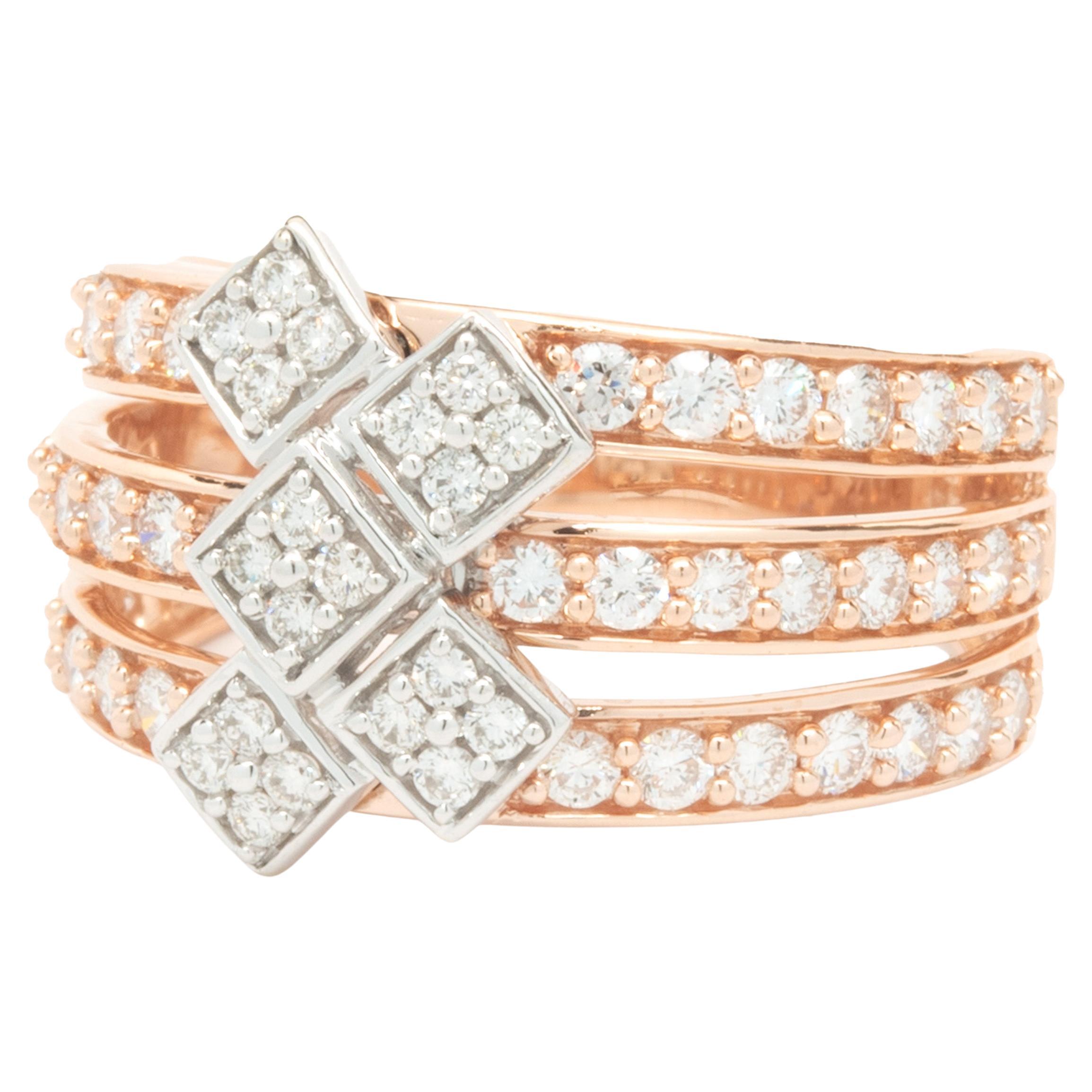 14 Karat Rose Gold Three Row Diamond Square Stack Band For Sale at 1stDibs