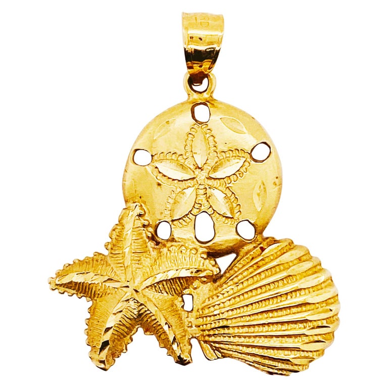 14 Karat Shell Pendant with Beach Design, 14 Karat Gold with Bail, 14 ...