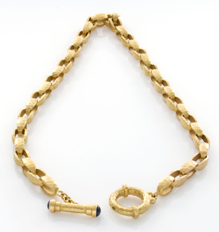 14 Karat Solid Yellow Gold Hammered Link Necklace with Sapphire Toggle ... 14 Karat Solid Yellow Gold Hammered Link Necklace with Sapphire Toggle ...