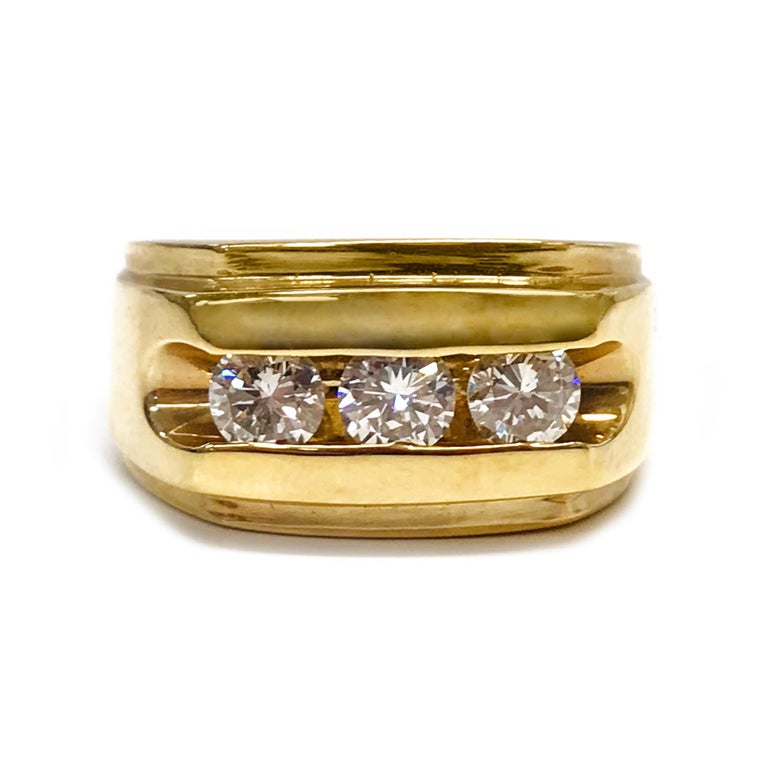 14 Karat Three Diamond Wide Ring For Sale at 1stDibs