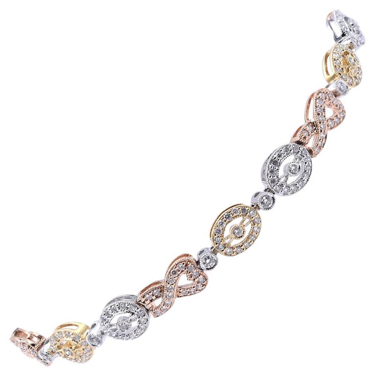 14 Karat Tri Tone Diamond Custom Link Bracelet For Sale at 1stDibs