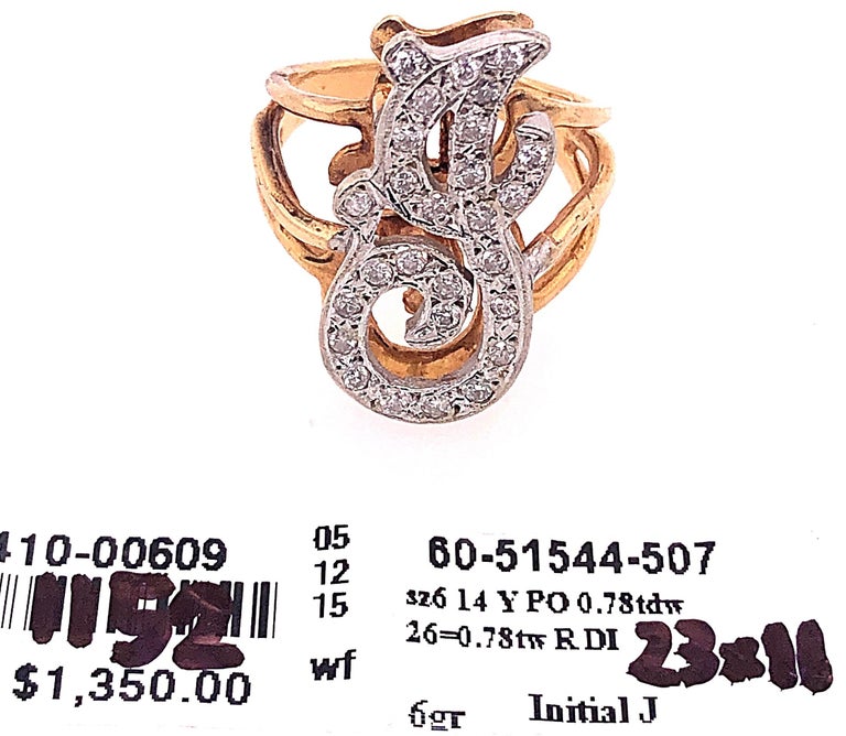 14 Karat Two-Tone Yellow and White Gold Diamond Initial J Ring For Sale ...