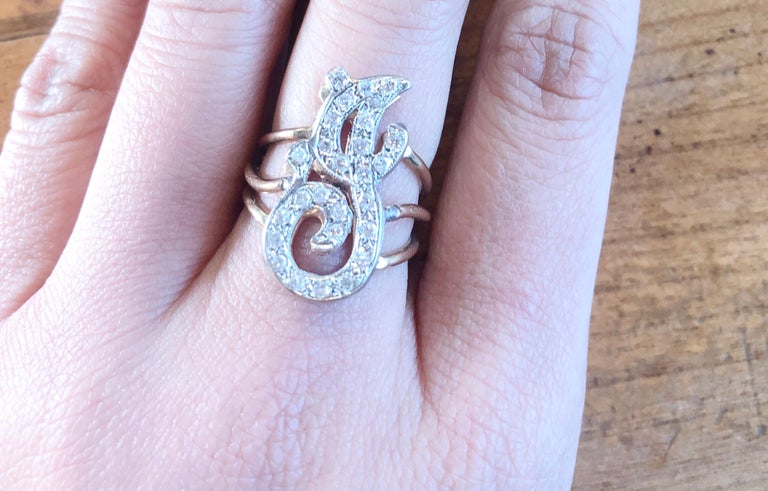 14 Karat Two-Tone Yellow and White Gold Diamond Initial J Ring For Sale ...