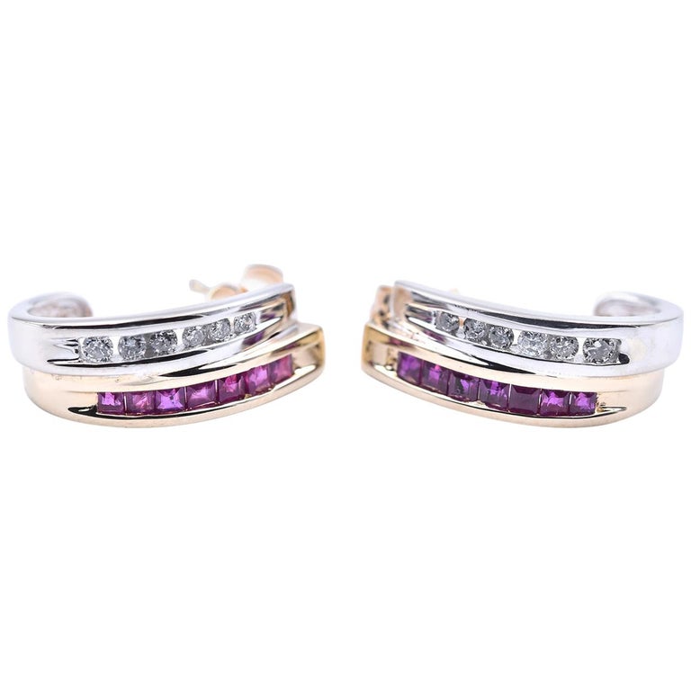 14 Karat Two-Tone Yellow and White Gold Ruby and Diamond Half Hoops For ...