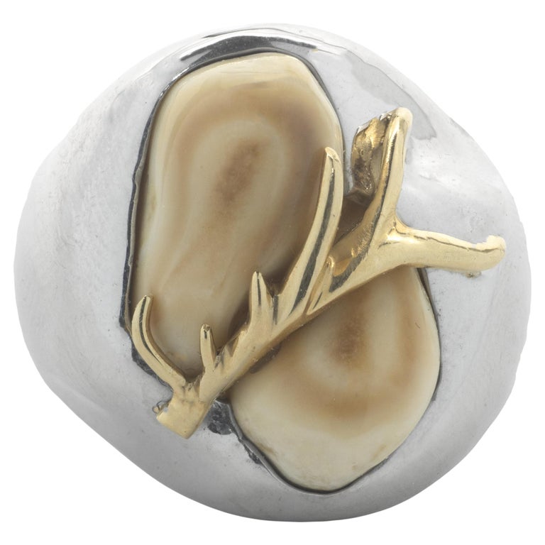 14 Karat White and Yellow Gold Elk Ivory Ring at 1stDibs