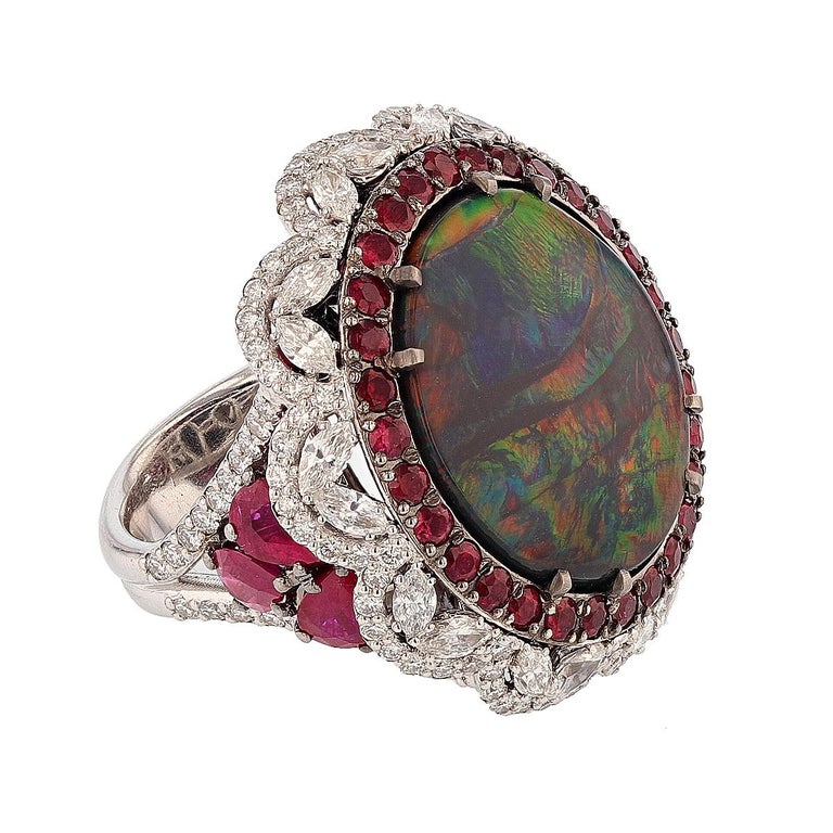GIA Certified 11.11 Carat Australian Black Opal Ruby and Diamond Ring ...