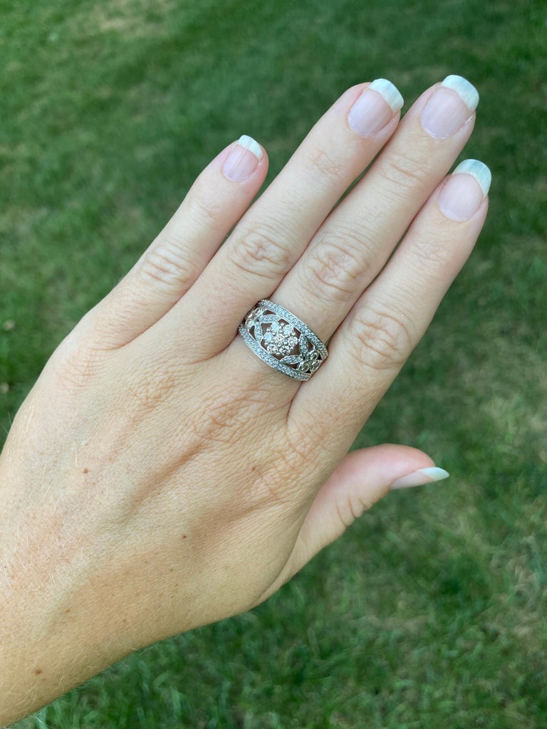 14 Karat White Gold, 1.27 Carat Brown abd White Diamond Wide Flower ...