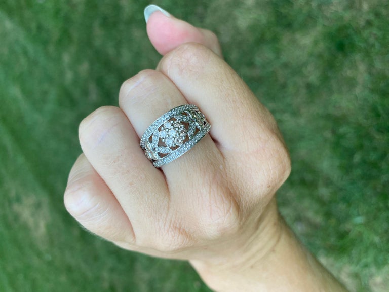14 Karat White Gold, 1.27 Carat Brown abd White Diamond Wide Flower ...