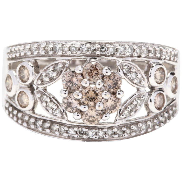14 Karat White Gold, 1.27 Carat Brown abd White Diamond Wide Flower ...