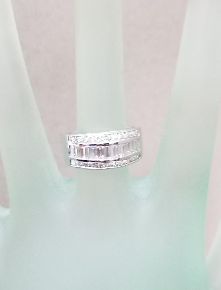 14 Karat White Gold 3-Row Baguette and Round Diamond Ring For Sale at ...
