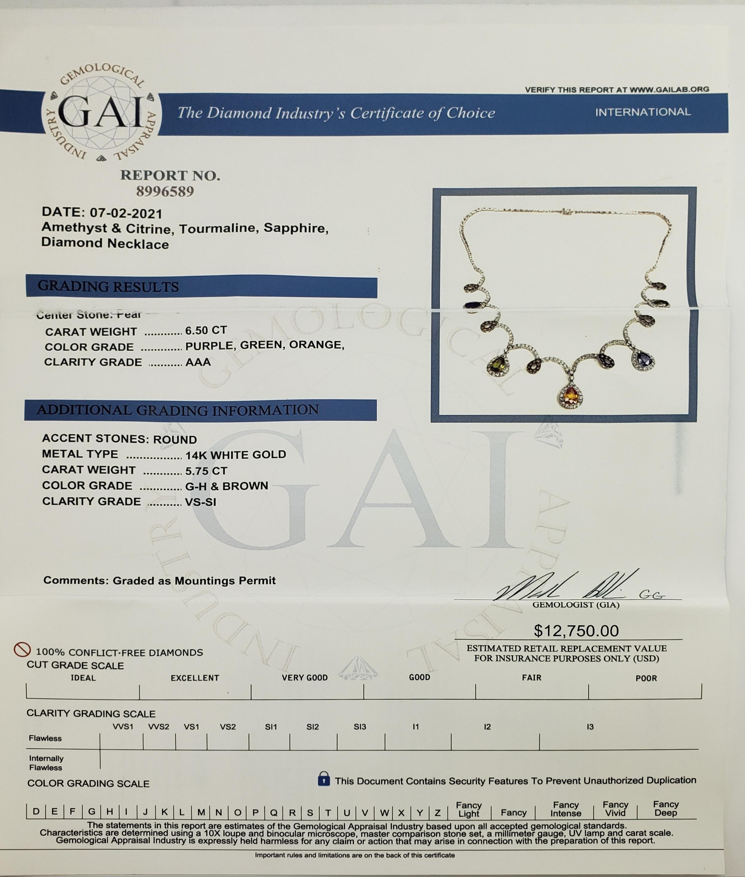 14 Karat White Gold Amethyst Sapphire Multi-Stone Diamond Necklace For ...