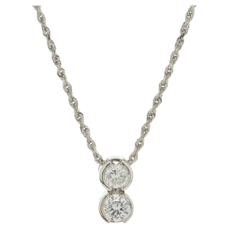 14 Karat White Gold Bezel Set Double Diamond Drop Necklace For Sale at ...