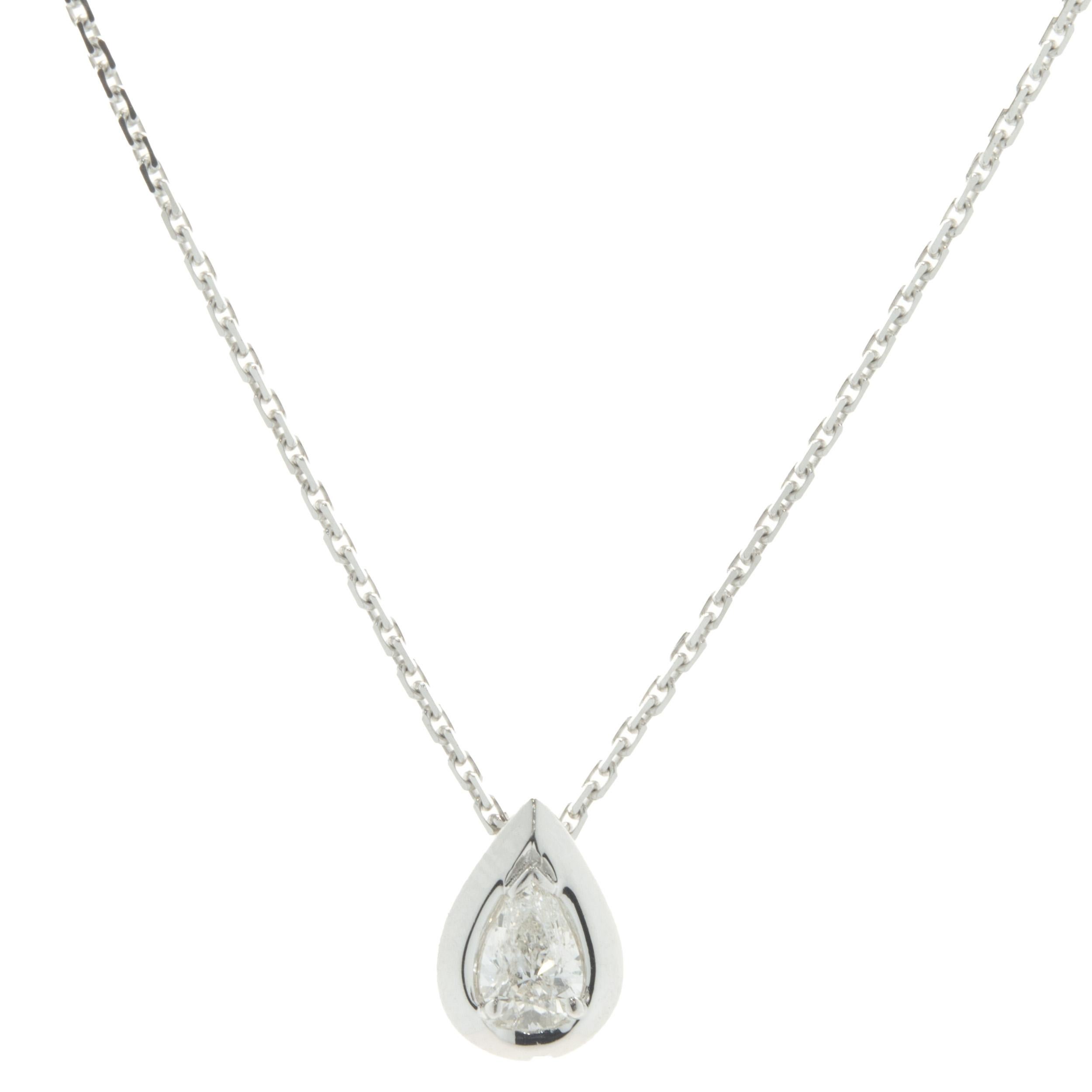 14 Karat White Gold Bezel Set Pear Diamond Necklace For Sale at 1stDibs