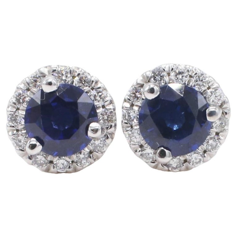 14 Karat White Gold Blue Sapphire and Diamond Halo Stud Earrings For ...
