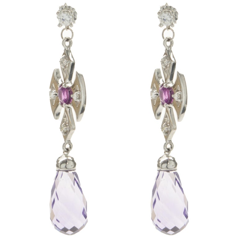 14 Karat White Gold Briolette Amethyst and Ruby Cross Drop Earrings For ...