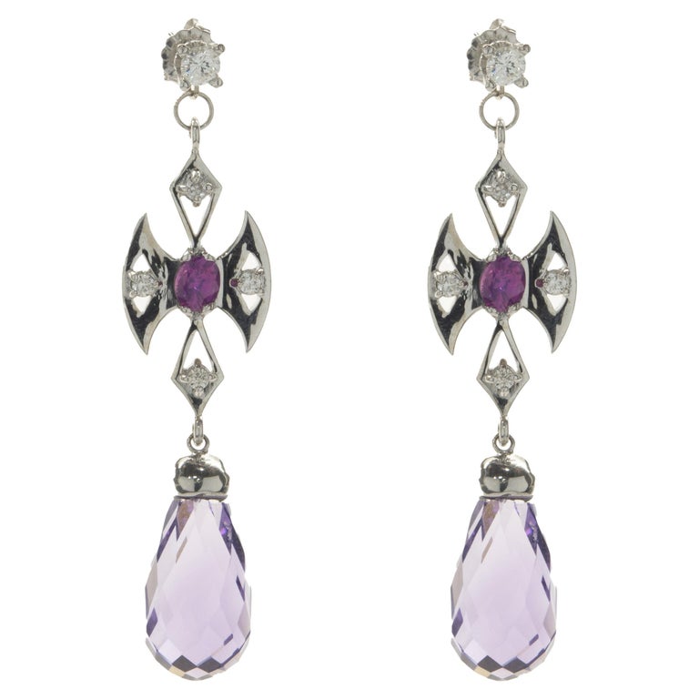 14 Karat White Gold Briolette Amethyst and Ruby Cross Drop Earrings For ...
