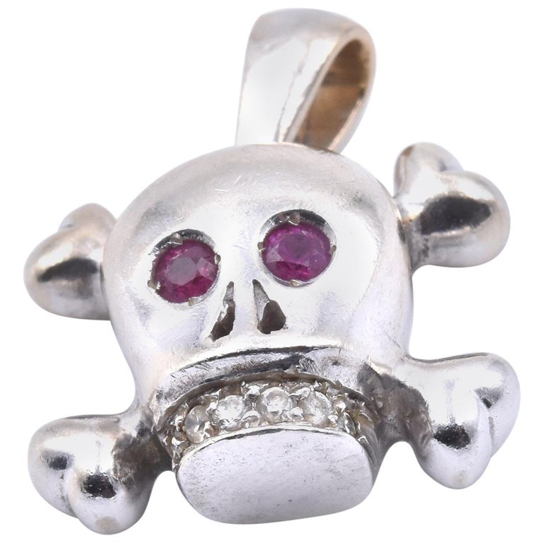 14 Karat White Gold Diamond and Ruby Skull Pendant at 1stDibs