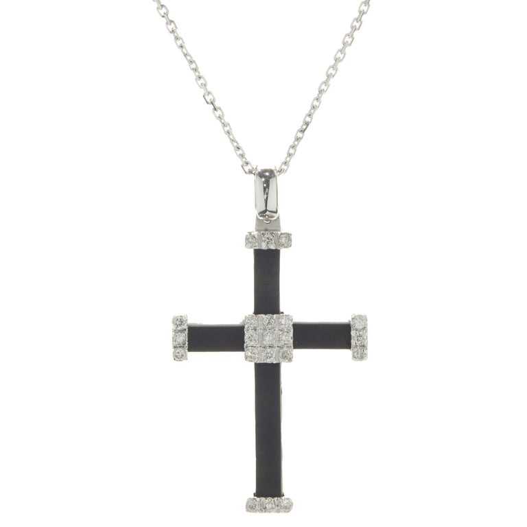 14 Karat White Gold Diamond Black Rubber Cross Necklace For Sale at 1stDibs