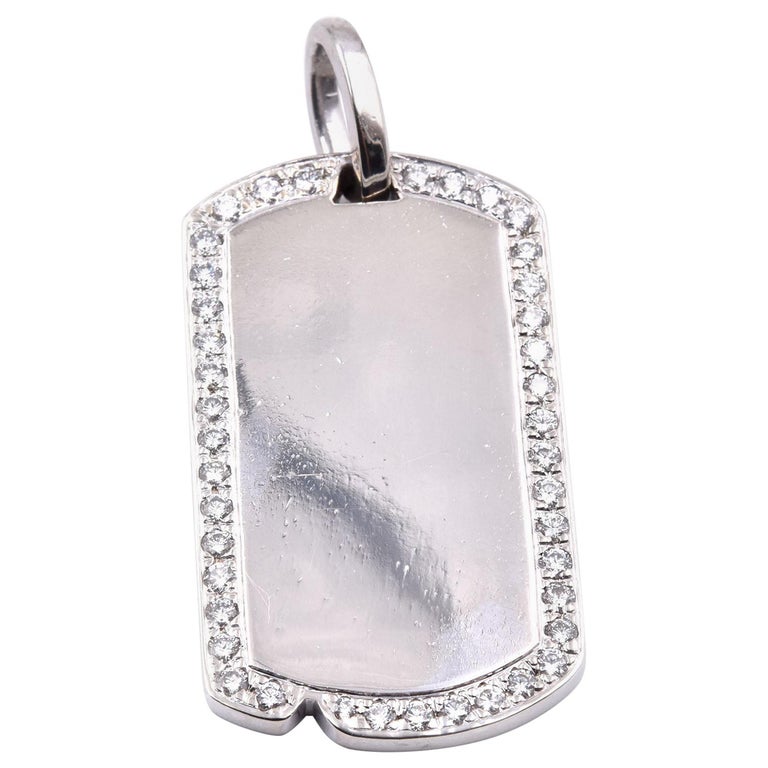 14 Karat White Gold Diamond Dog Tag Pendant For Sale at 1stDibs