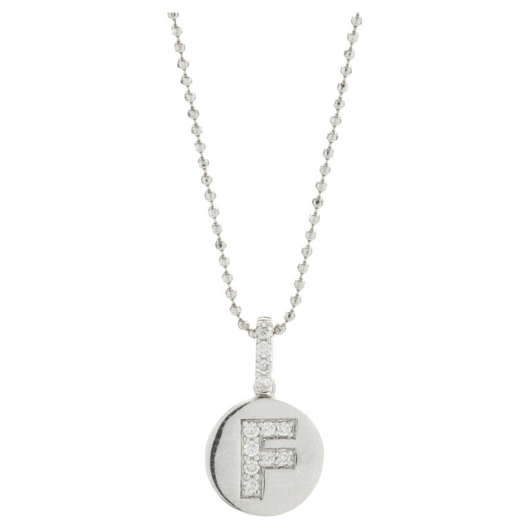 14 Karat White Gold Diamond F Disc Necklace For Sale at 1stDibs